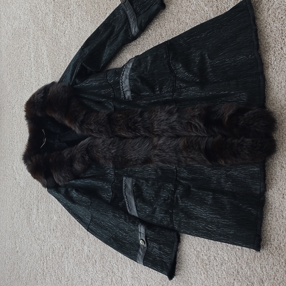 Black Laser Cut Leather Jacket Knee Long - Gem
